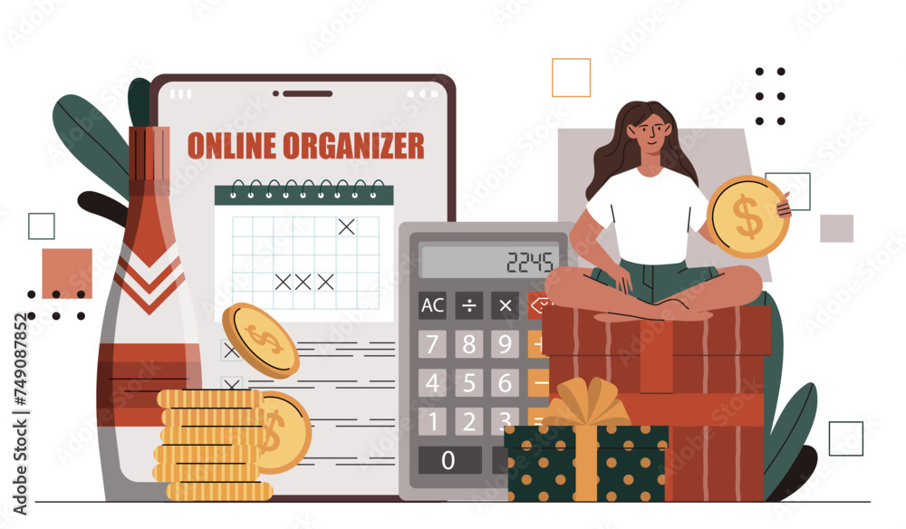 Woman with online organizer. Young girl sitting at git box with golden ...