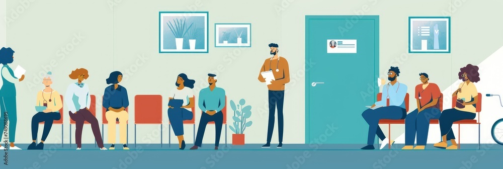 Cartoon illustration of diverse people in waiting room - Illustration ...