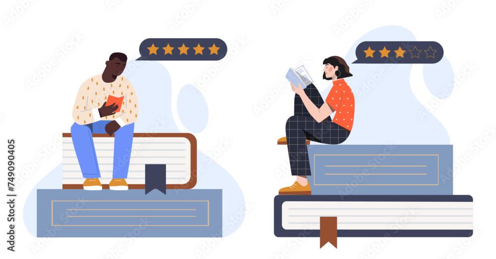 Reader recommendation concept. Man and woman near books with ratings ...