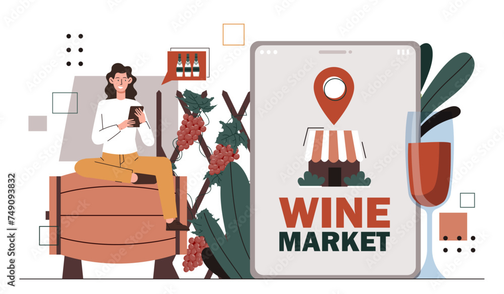 Wine maker woman. Young girl with grapes near smartphone. Winery and ...