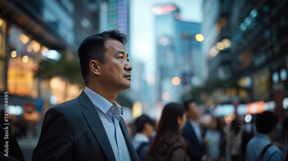 Asian male executive in the middle of a busy street at dusk with modern ...