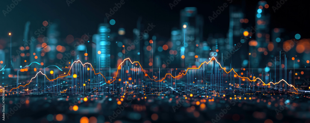 Financial chart in a futuristic cityscape, captured with ray tracing ...