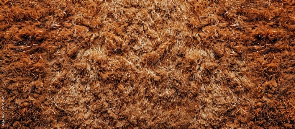 A detailed view of a brown shaggy rug, showcasing its textured and ...