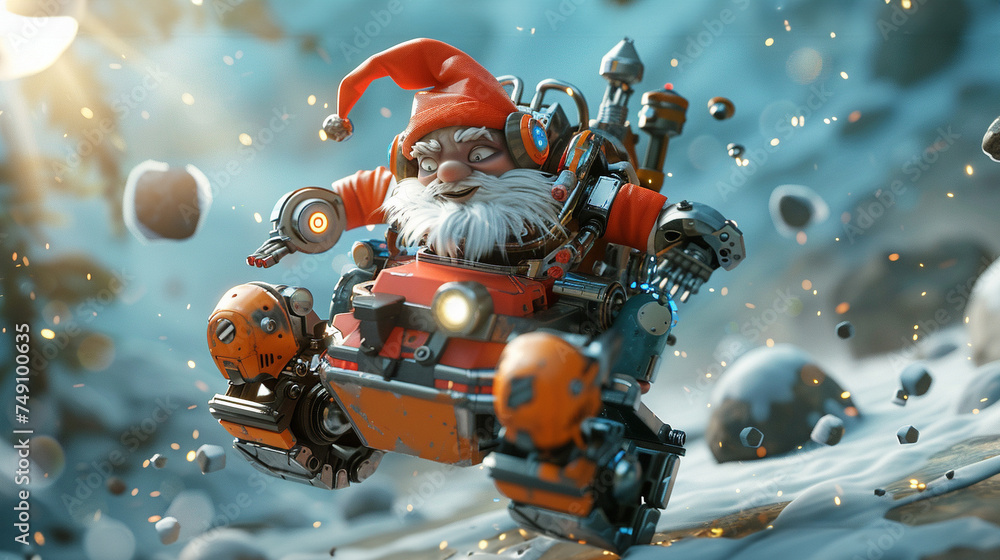 3D render of a gnome riding a robot, dodging obstacles in a digital ...
