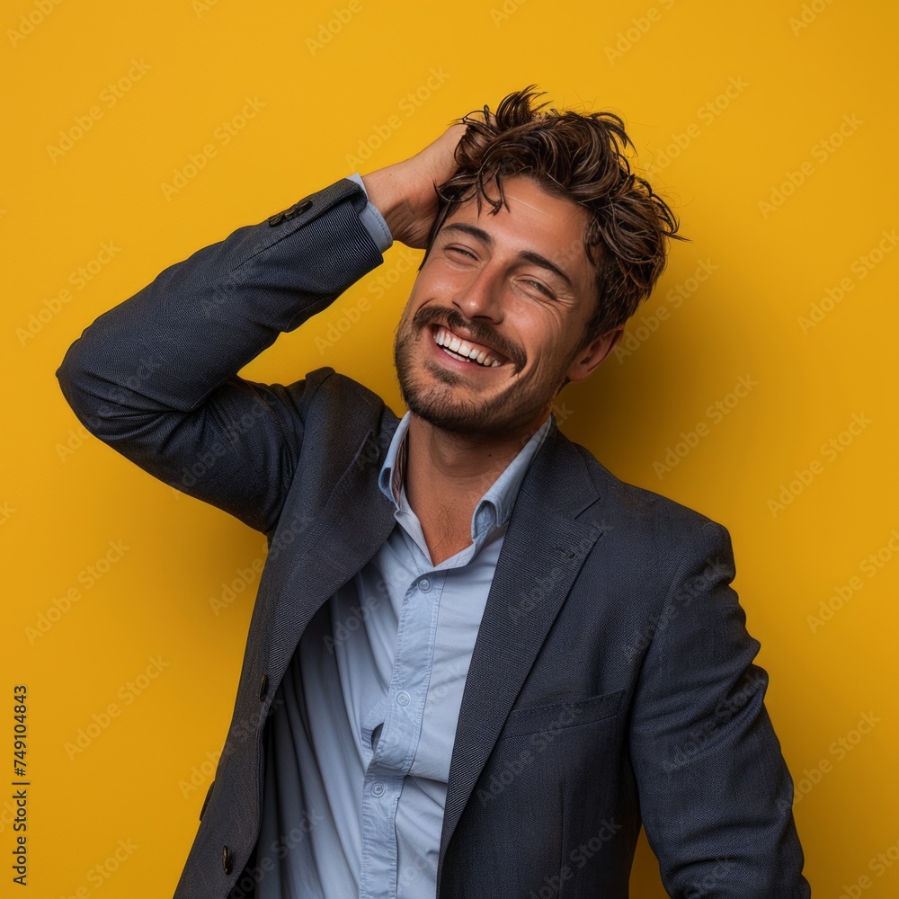 Handsome young man in business attire expressing himself by He raised ...