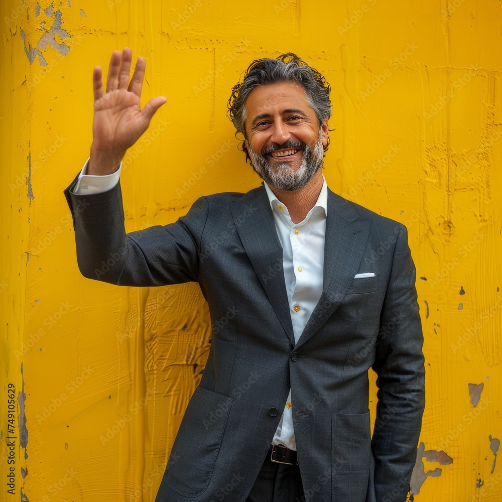 Handsome young man in business attire expressing himself by He raised ...