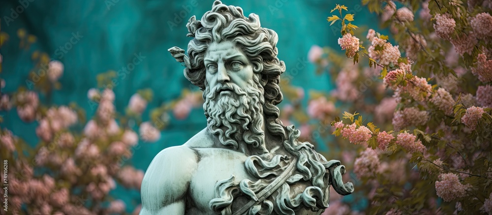 An ancient statue of a bearded man, likely Neptune, stands tall against ...