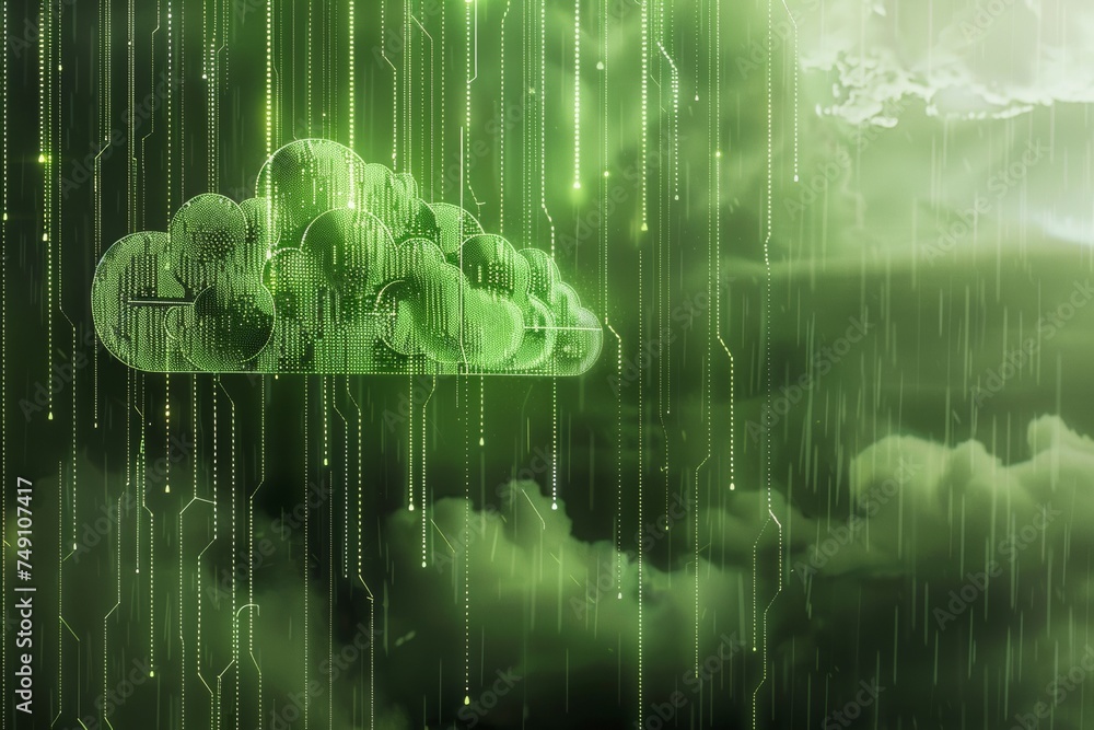 Surreal digital artwork of a vivid green cloud with matrix-style binary ...