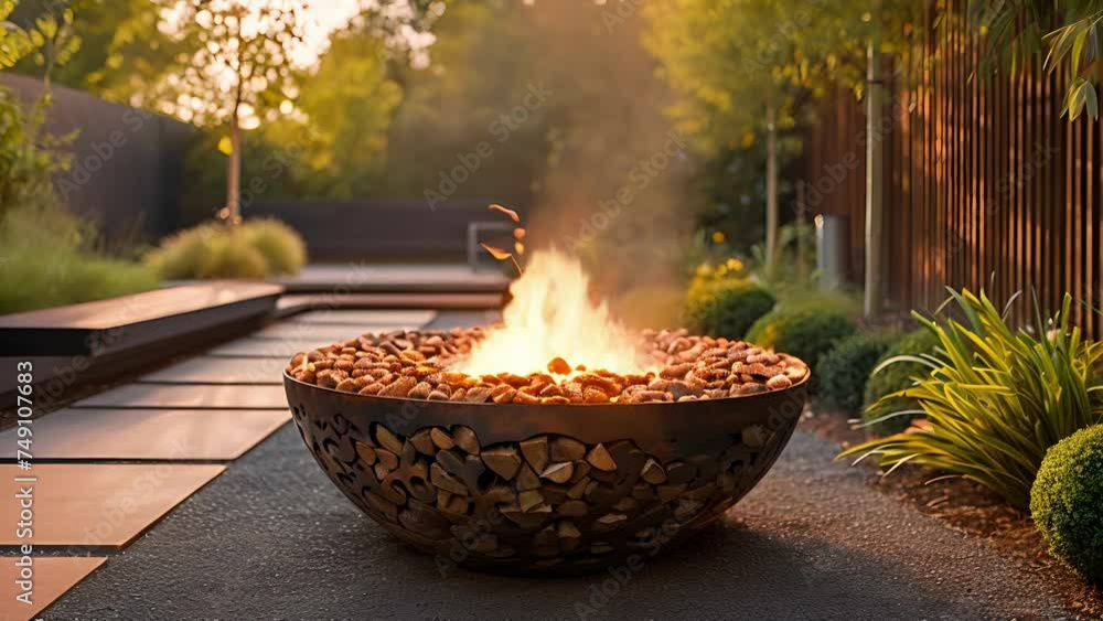 A unique fire feature made of stacked firewood creates a modern and ...
