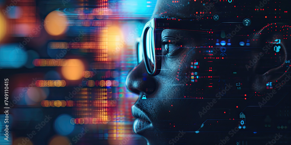 Black man wear glasses looking Line of Code Projected on Face and Reflecting. Software Developer ...