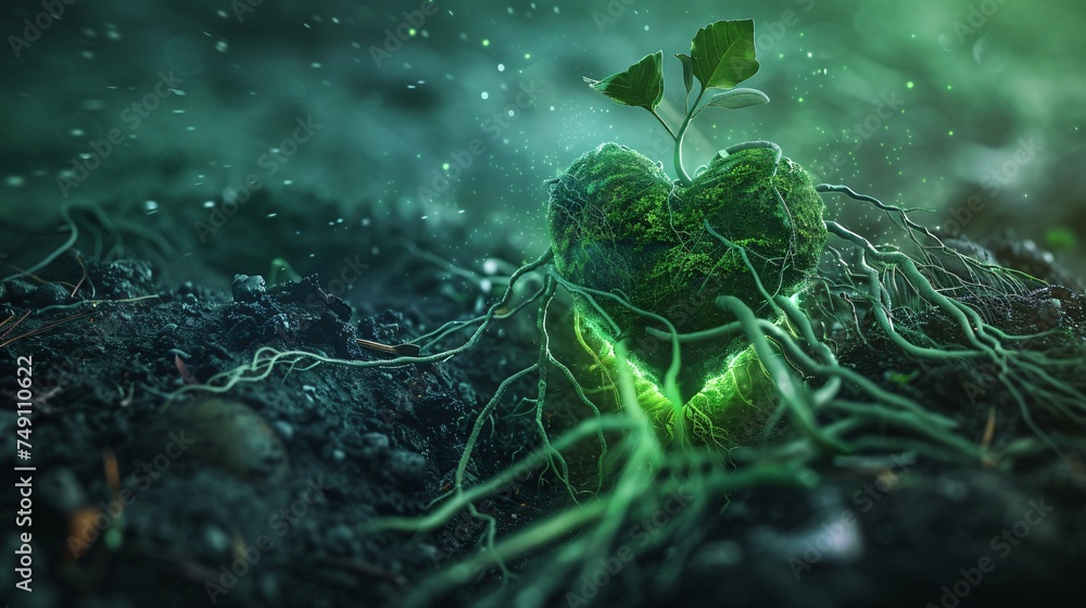 A heart glowing green with roots extending into the ground illustrating ...