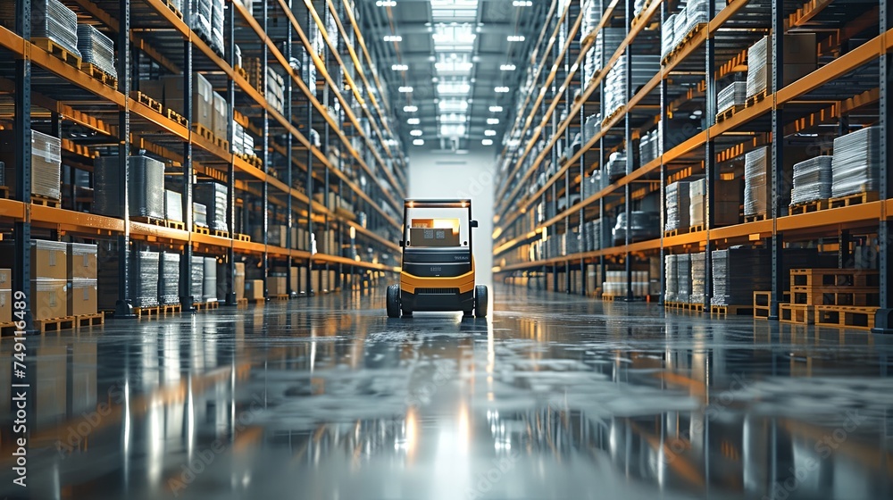 Automated Forklift loading packed goods in huge distribution warehouse ...