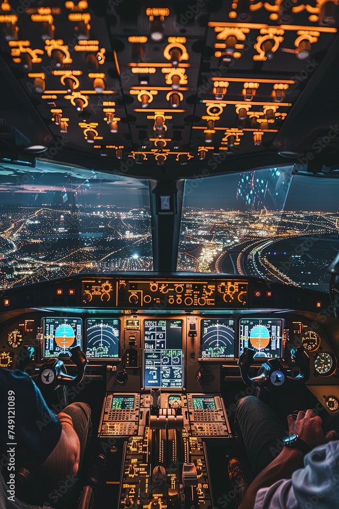 The plane is coming in to land. The view from the cockpit of the night ...