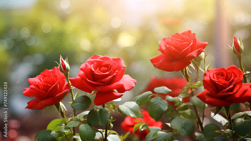 Many Red Rose Flowers in the Garden and Sunlight with Bokeh, A Bush of ...