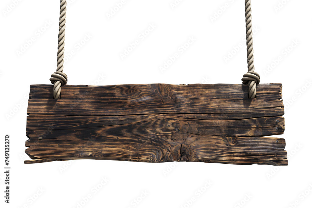 Empty hanging wooden sign board with ropes isolated on transparent PNG ...