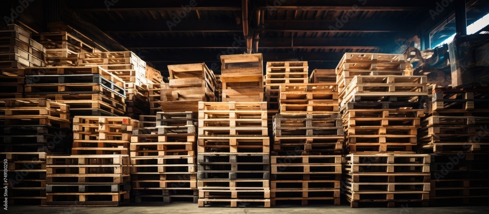 A pile of wooden pallets stored inside a warehouse, displaying a rustic ...