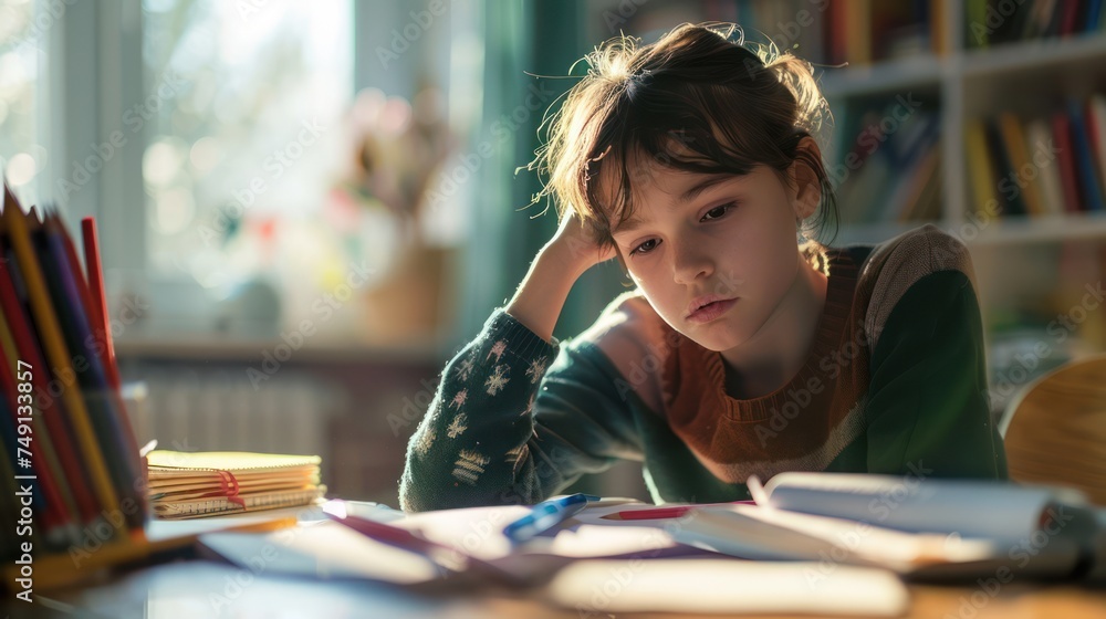 Focused Student Working Diligently on Writing Assignment at School Desk ...