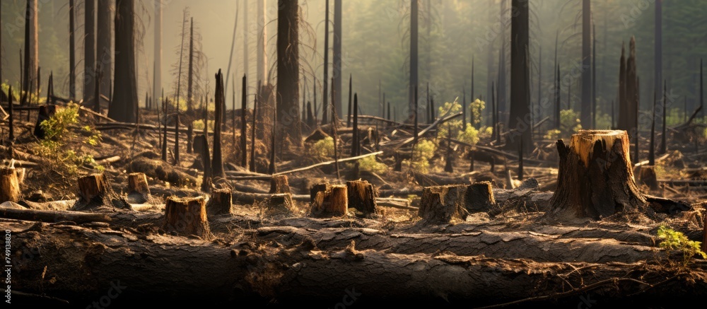 This photograph showcases a forest landscape filled with dead trees ...