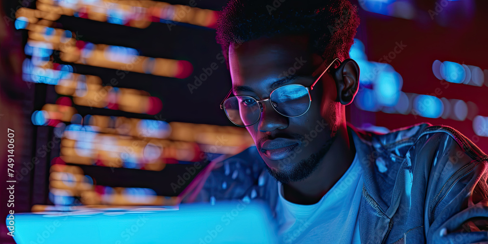 Black man wear glasses looking of Code Projected on Face and Reflecting. Software Developer ...