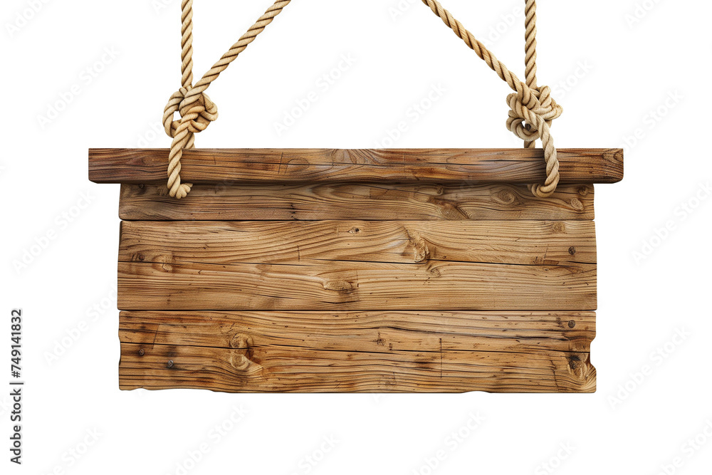 Empty hanging wooden sign board with ropes isolated on transparent PNG ...