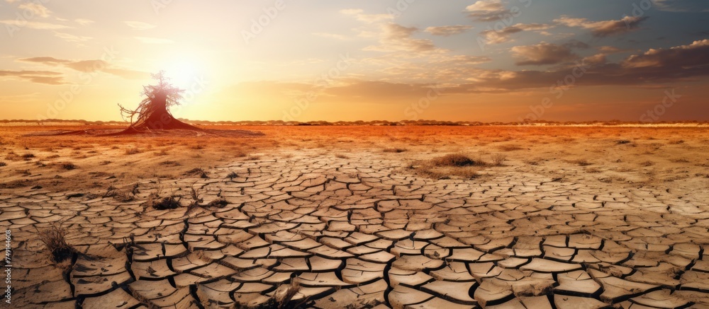 The image shows the sun slowly descending on a barren area ...