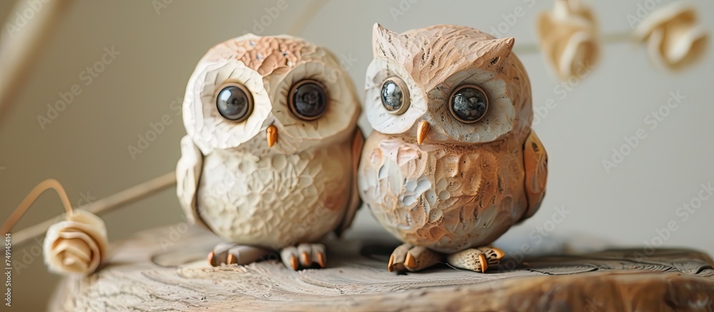 Two ceramic owls are positioned on top of a tree stump. The realistic ...
