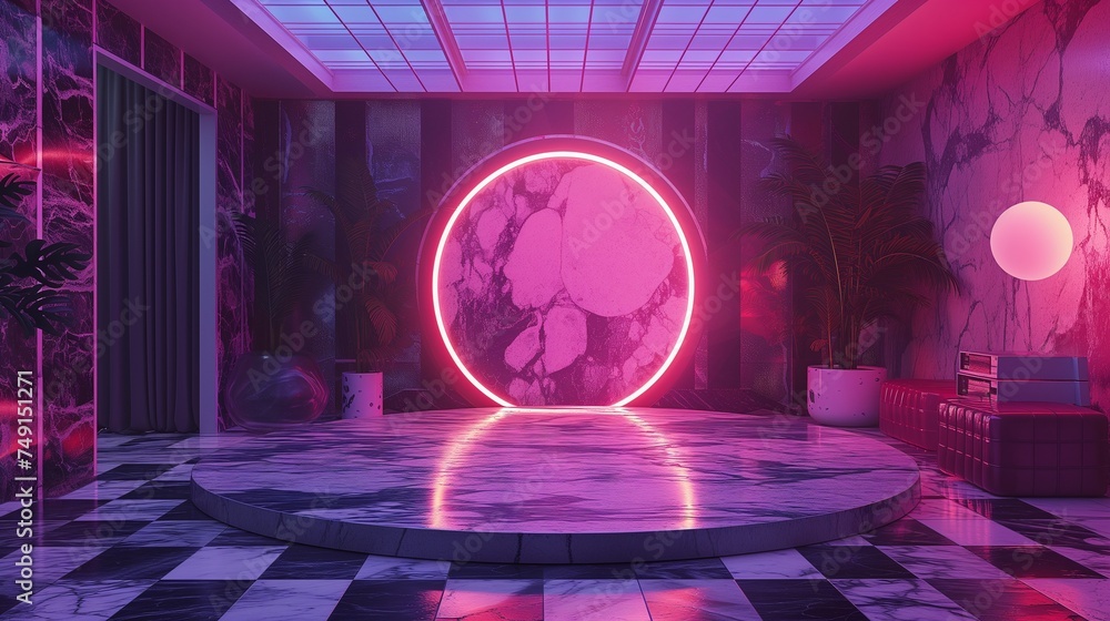 Retro 80s office conference room, circular marble mosaic with neon ...