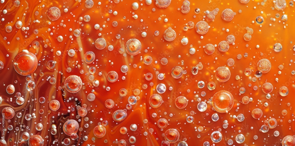 Water bubbles are visible in extreme close-up on a vibrant orange ...