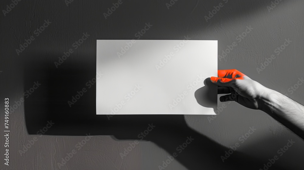 striking image of a hand holding a blank white paper against a grey ...