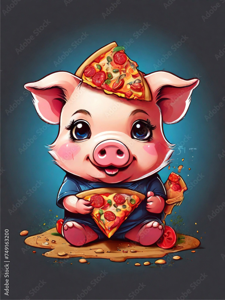 pig with food, pig eat pizza, piggy, animals, funny, cartoonish, comic ...
