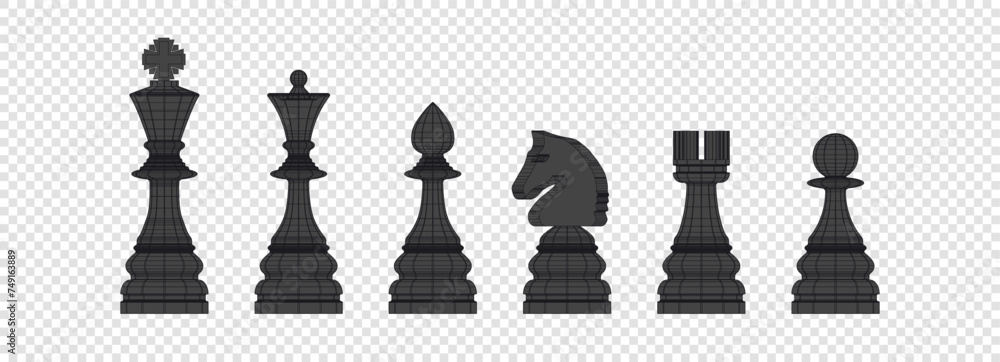 Vector set of contour black chess pieces. Collection of wireframe ...