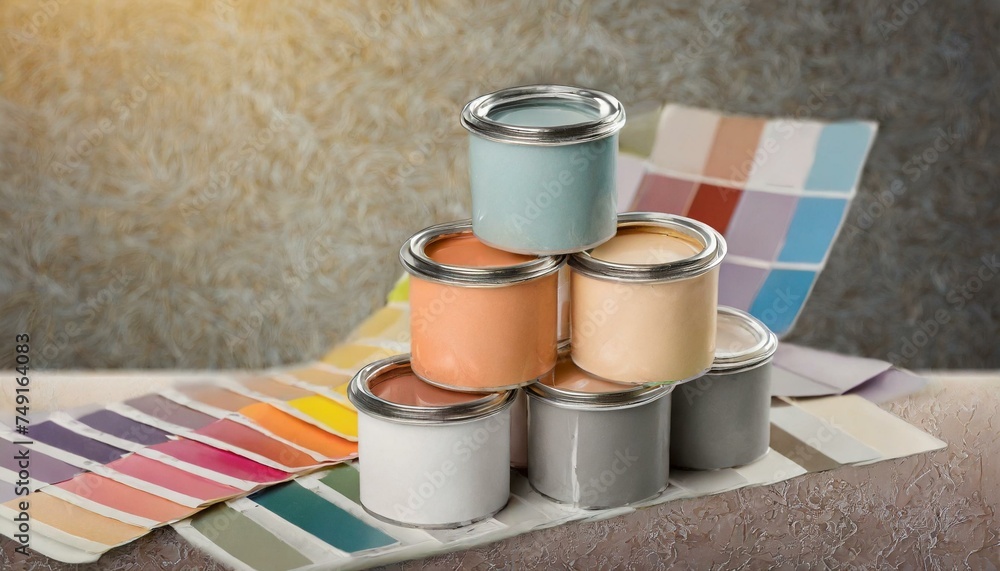 Tiny sample paint cans during house renovation, process of choosing ...