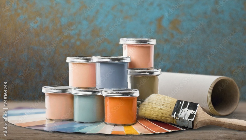 Tiny sample paint cans during house renovation, process of choosing ...