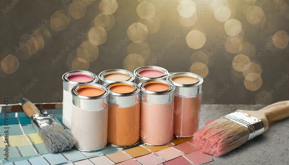 paint brushes in a bucket, Tiny sample paint cans during house ...