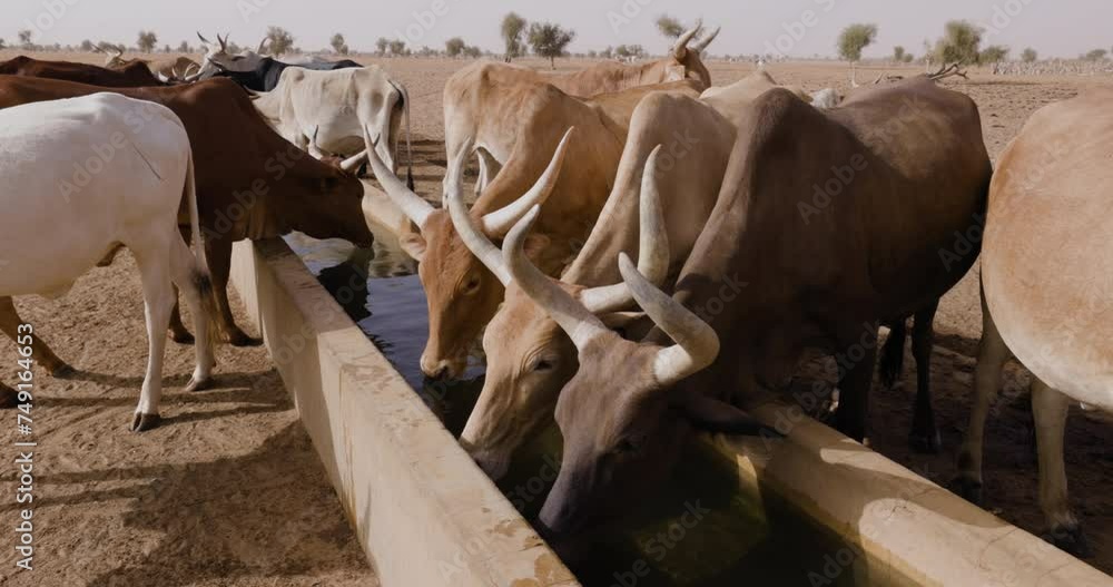 Close-up. Fulani cattle drinking at a waterhole in the Sahel, Sahara ...