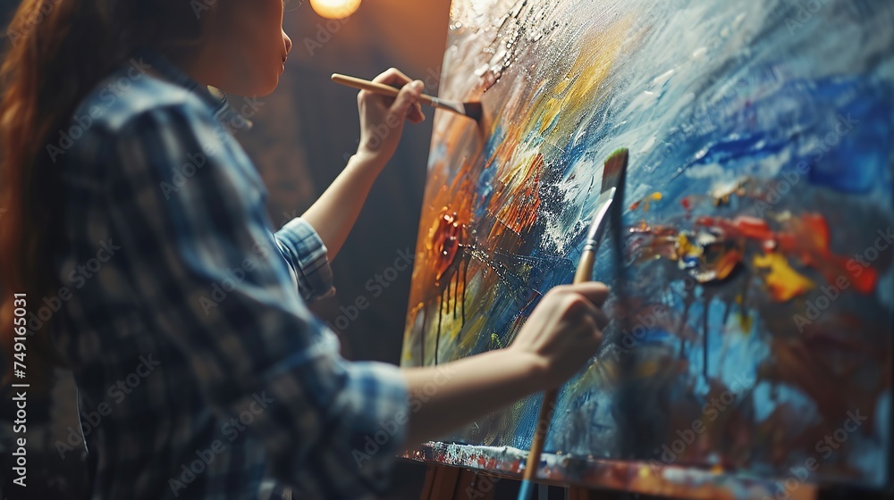 Female Artist Works on Abstract Oil Painting, Moving Paint Brush ...