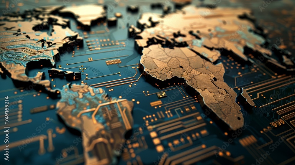 electronic world.Digital Circuit Board overlay with world map for ...