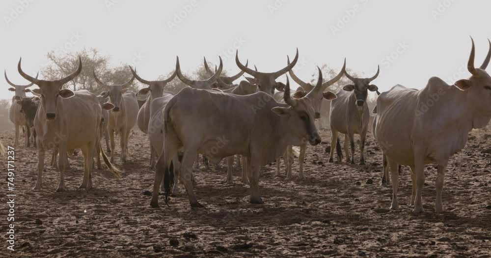 Close-up. Fulani cattle looking at camera, standing in the Sahel ...