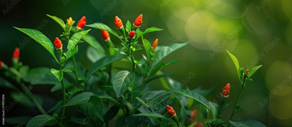 A detailed view of a Thai pepper plant, also known as bird chilli or ...