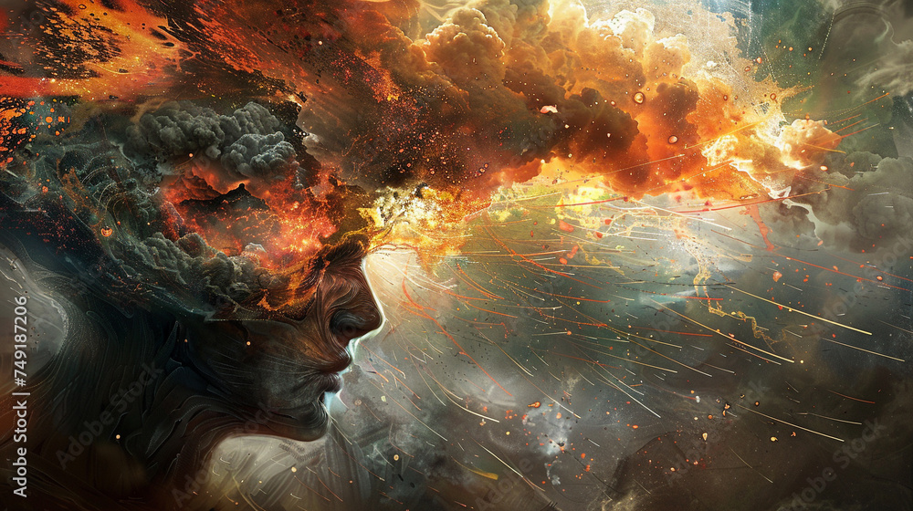 Erupting from a human head, a volcano releases a plume of creativity ...