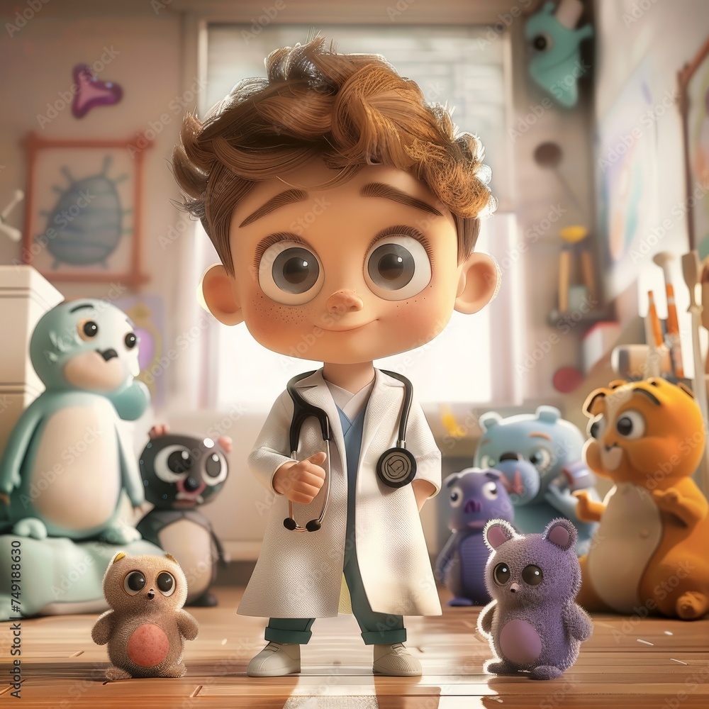 Charming animated baby doctor with a stethoscope, surrounded by cuddly ...