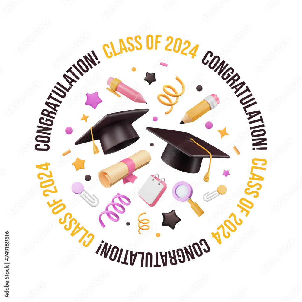 Class of 2024 illustration with 3d graduate hat, diploma with ribbon ...