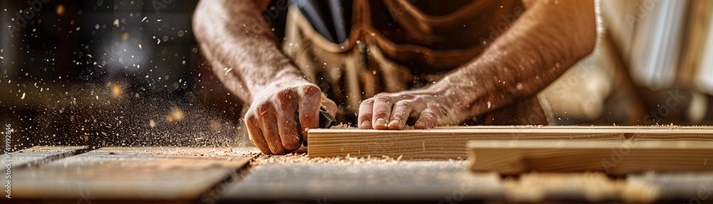 Carpenter using a saw or other cutting tool to carefully shape wood ...