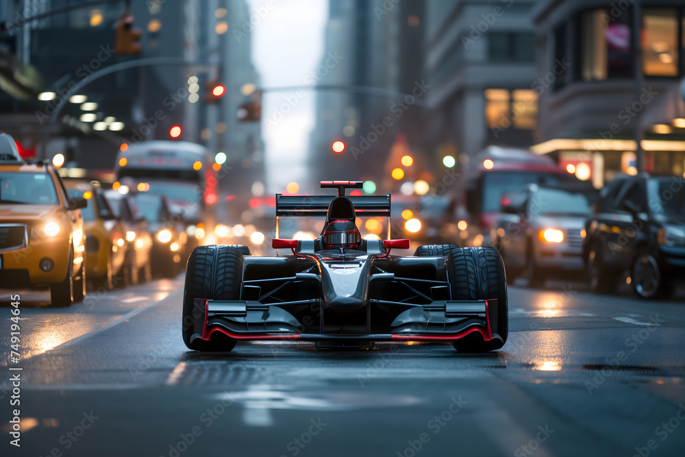 Formula 1 car stuck in traffic at the rush hour on the road of a ...