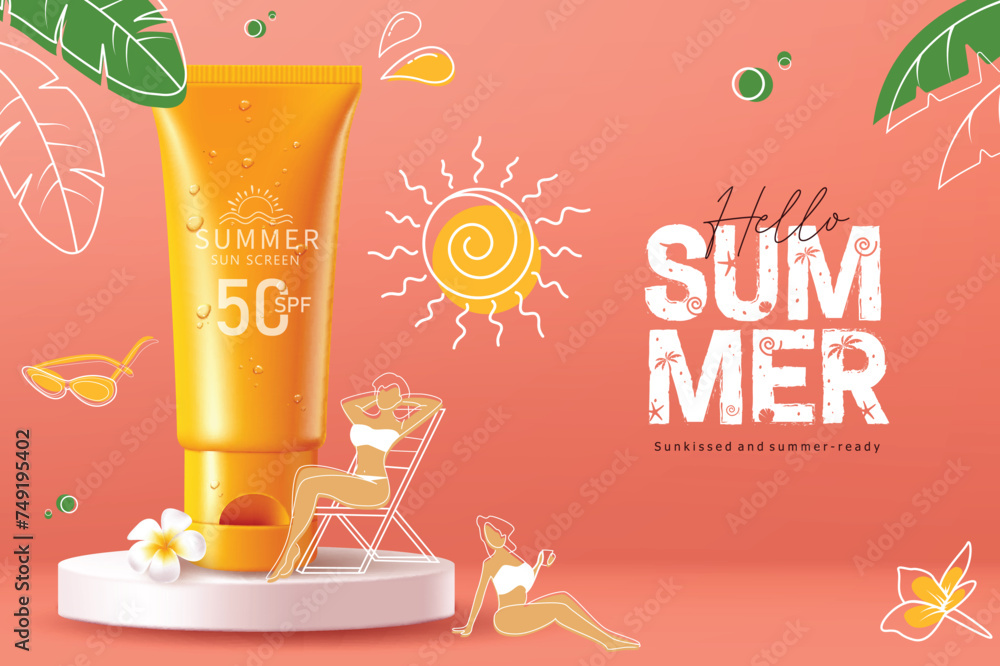Summer sunscreen podium vector banner design. Hello summer greeting ...