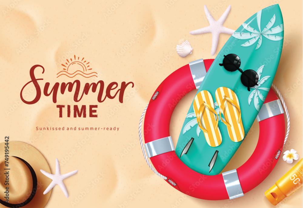 Summer time text vector background design. Summer time greeting text with lifebuoy, surfboard ...