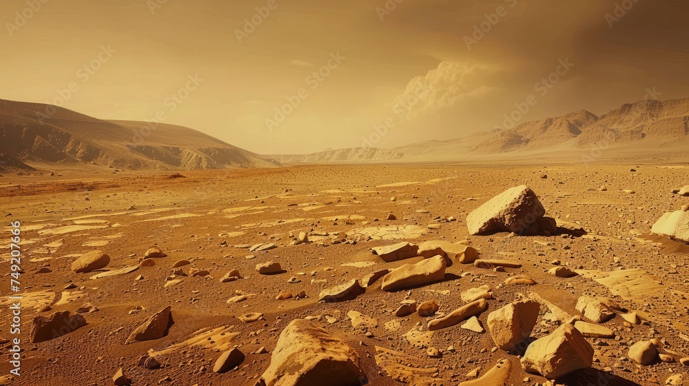Mars-like desert landscape with rugged terrain and reddish soil ...