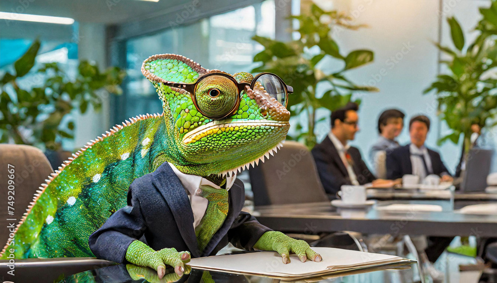 chameleon in a meeting, employees, adapted, environment, joy, place ...