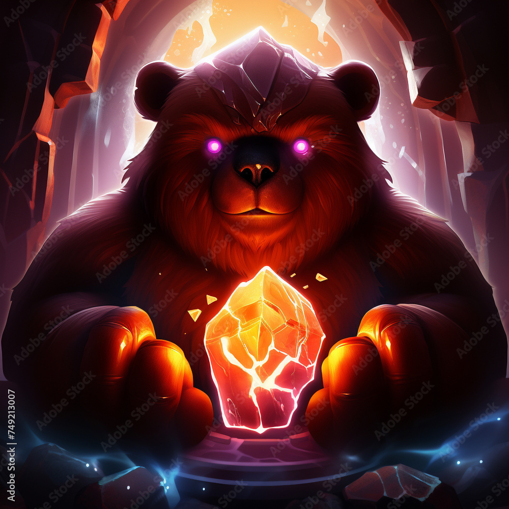 An ancient bear standing tall with a firebrand in its grasp ...