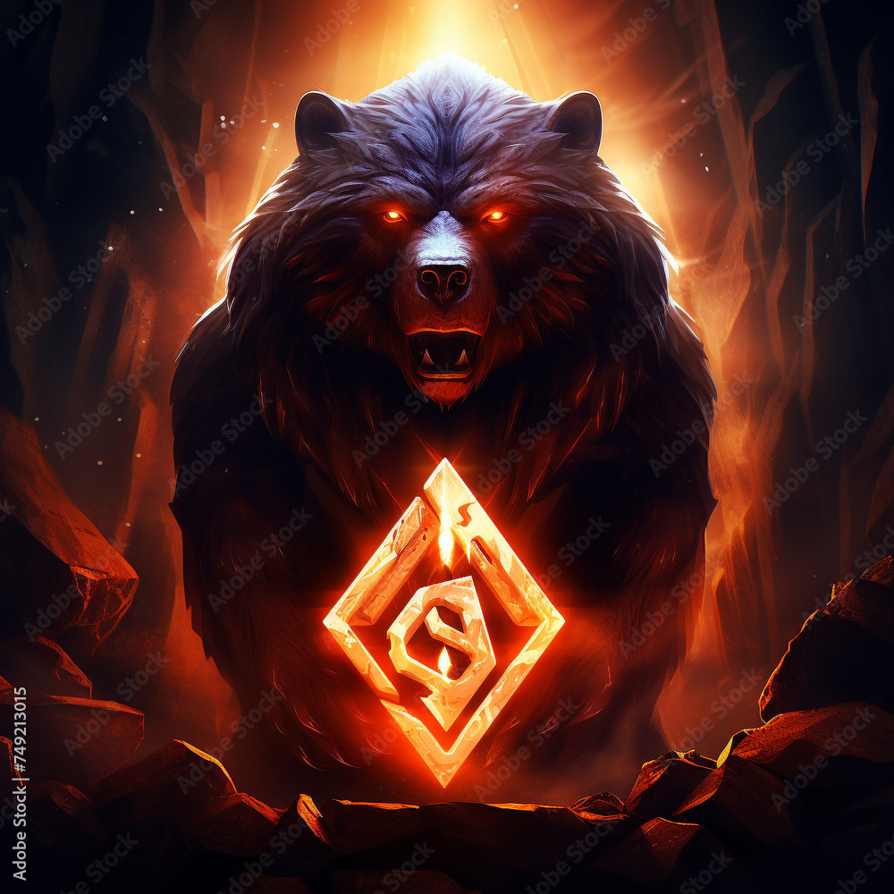 An ancient bear standing tall with a firebrand in its grasp ...